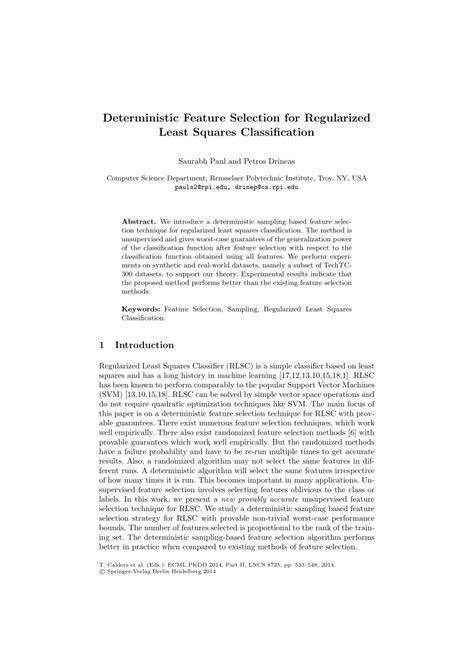 pdf deterministic feature selection for regularized least squares classification