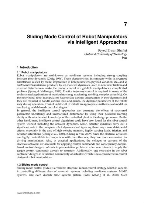 pdf sliding mode control of robot manipulators via intelligent · sliding mode control smc