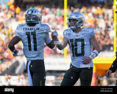 Gilbert Arizona USA 18th Nov 2023 Troy Franklin 11 And Bo Nix