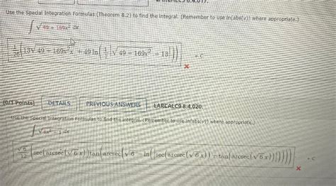 solved use the special integration formulas theorem 8 2 to