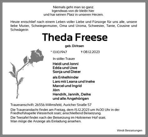 Traueranzeigen Von Theda Freese Nordwest Trauer De