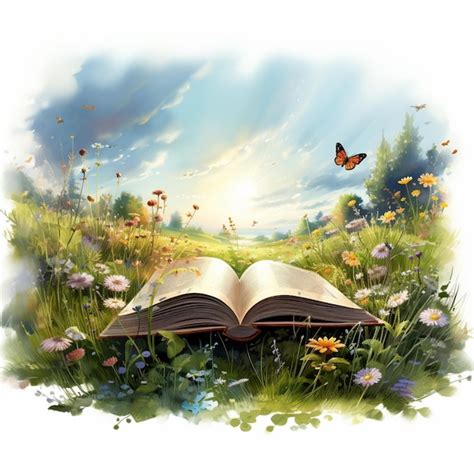 Pintura De Un Libro Abierto En Un Campo Con Flores Y Mariposas