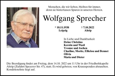 Traueranzeigen Von Wolfgang Sprecher Trauerportal Ihrer Tageszeitung