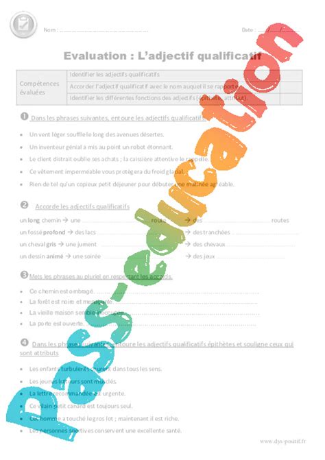 Adjectif qualificatif Cm2 Evaluation avec le corrigé PDF à imprimer