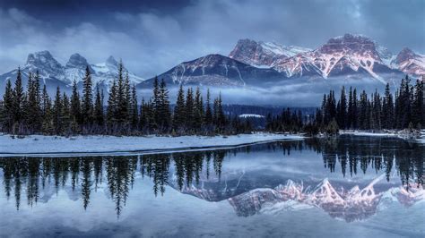 Picture Winter Spruce Nature Mountains Snow Lake Scenery X