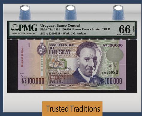 Welt Banknoten 1991 TT PK 71a URUGUAY 100000 NUEVO PESOS PMG 66 EPQ GEM