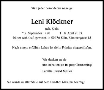 Traueranzeigen von Leni Klöckner WirTrauern