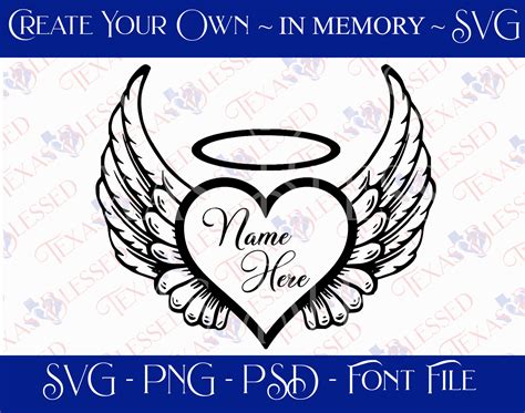 SVG In Memory Angel Wings Heart Halo Editable Memorial Digital Etsy