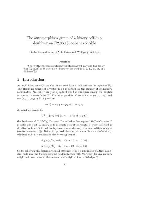 pdf the automorphism group of a binary self dual doubly even [72 36 16] code is solvable