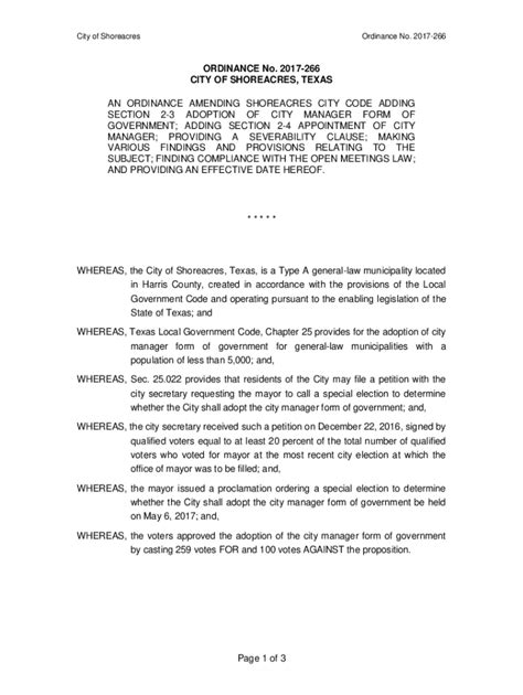 Fillable Online AN ORDINANCE AMENDING SHOREACRES CITY CODE ADDING Fax