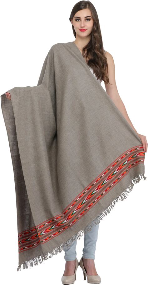 Goat Gray Plain Shawl From Kullu With Kinnauri Woven Border Exotic
