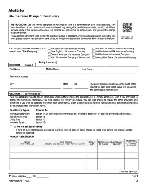 Fillable Online Beneficiary Change BFormb For MetLife Fax Email Print