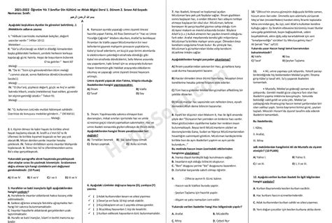 7 Sınıf Din Kültürü 1 Dönem 2 Yazılı Sınav 2021 2022 HangiSoru