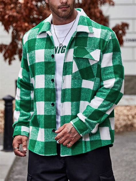 Manfinity Homme Men Plus Buffalo Plaid Print Flap Pocket Shacket