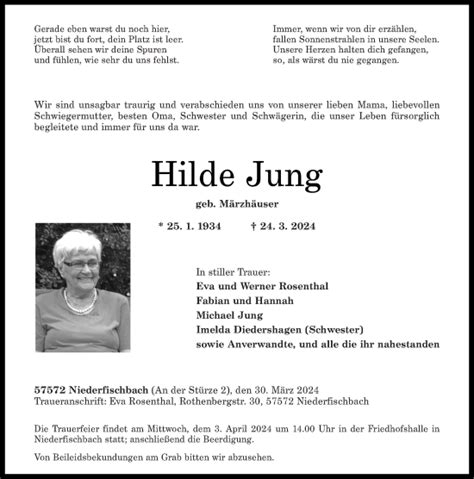 Traueranzeigen Von Hilde Jung Rz Trauer De