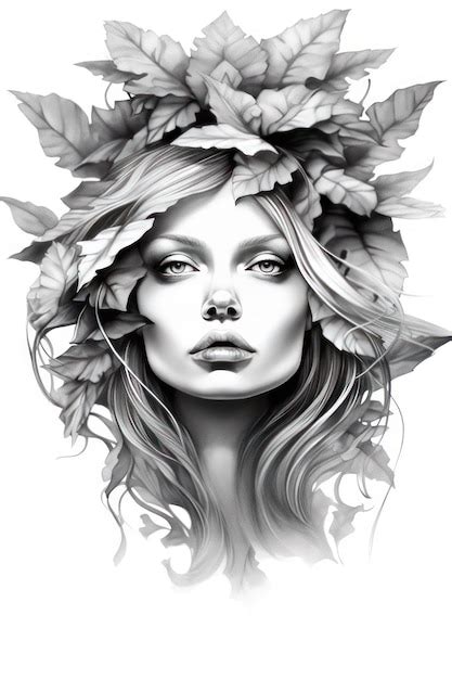 Un Dibujo En Blanco Y Negro De Una Mujer Con Flores En La Cabeza Foto