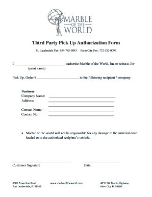 Fillable Online Third Party Pick Up Authorization Form Marble Of The