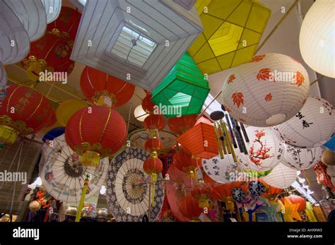 Colorful Paper Lanterns Hanging From Ceiling In Vancouver Chinatown