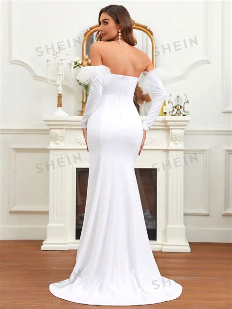 SHEIN Belle Off Shoulder Split Thigh Wedding Dress Without Veil SHEIN USA