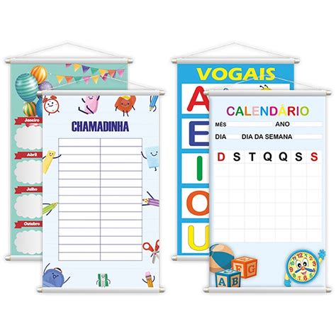 Kit 4 Banners Aniversariantes do Mês Chamadinha Vogais Calendário