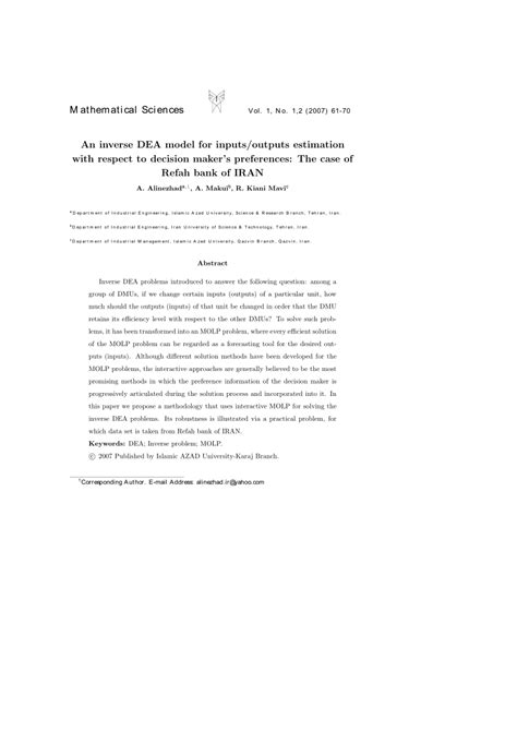 pdf an inverse dea model for inputs outputs estimation with respect to decision maker s