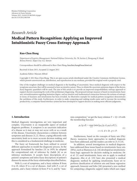 pdf medical pattern recognition applying an improved intuitionistic fuzzy cross entropy approach