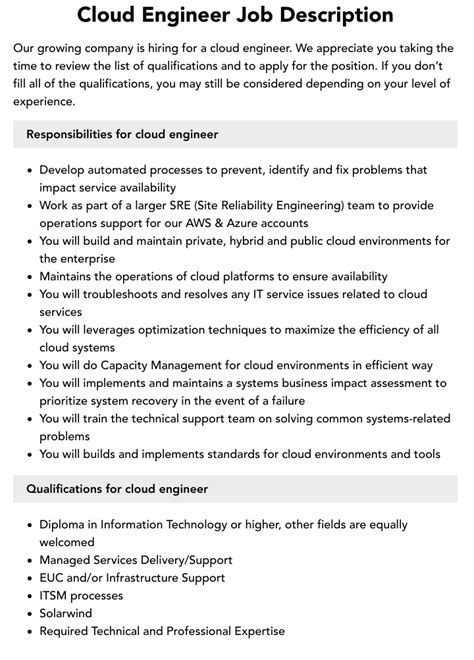 Cloud Engineer Job Description Velvet Jobs