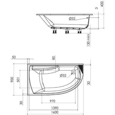 Allibert Baignoire gain de place asymétrique droite DIVA 160 x 90 cm