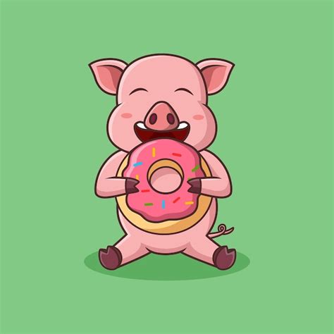 Lindo cerdo de dibujos animados comiendo donuts ilustración vectorial