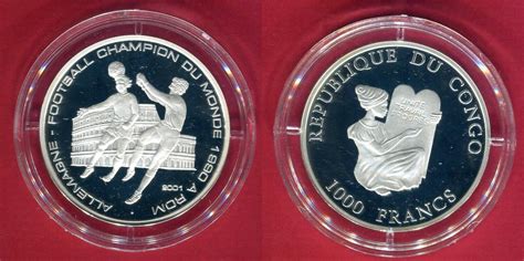 Republik Kongo 1000 Francs Silbermünze 2001 Fußball WM Italien 1990