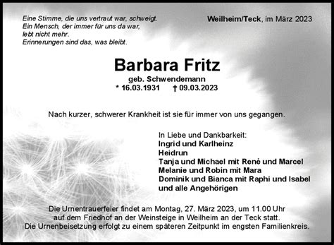 Trauer Barbara Fritz 20 03 2023 Teckbote Trauerportal