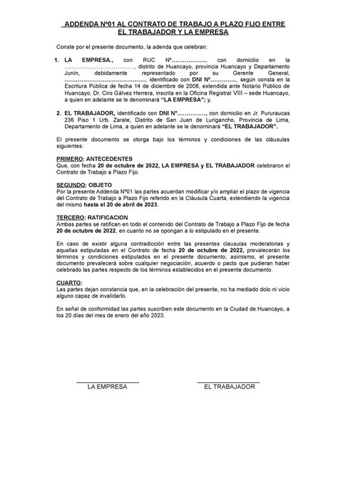 Adenda DE Contrato ADDENDA Nº01 AL CONTRATO DE TRABAJO A PLAZO FIJO
