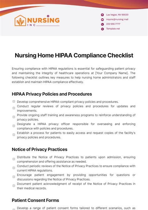 Free Nursing Home HIPAA Compliance Checklist Template Edit Online