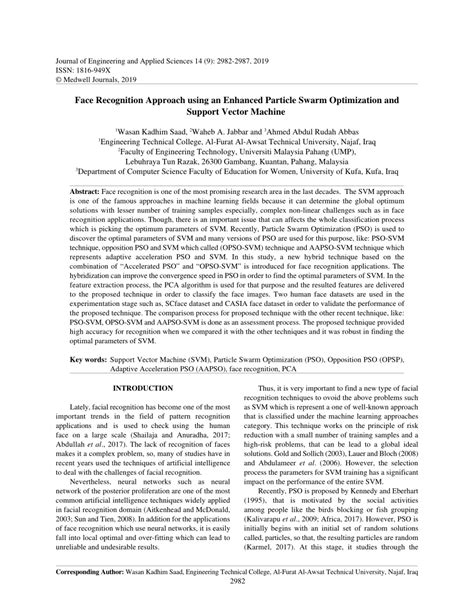 pdf face recognition approach using an enhanced particle swarm optimization and support vector