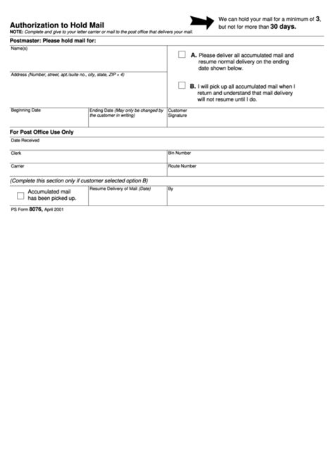 Usps Hold Mail Form Printable Printable Forms Free Online