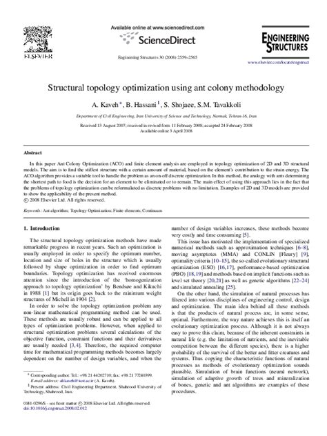 pdf structural topology optimization using ant colony optimization algorithm ali kaveh and