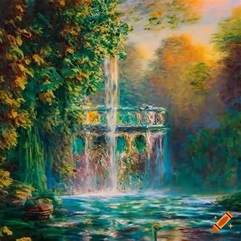 Painting Of A Victorian Garden With Angel Statues And A Pond