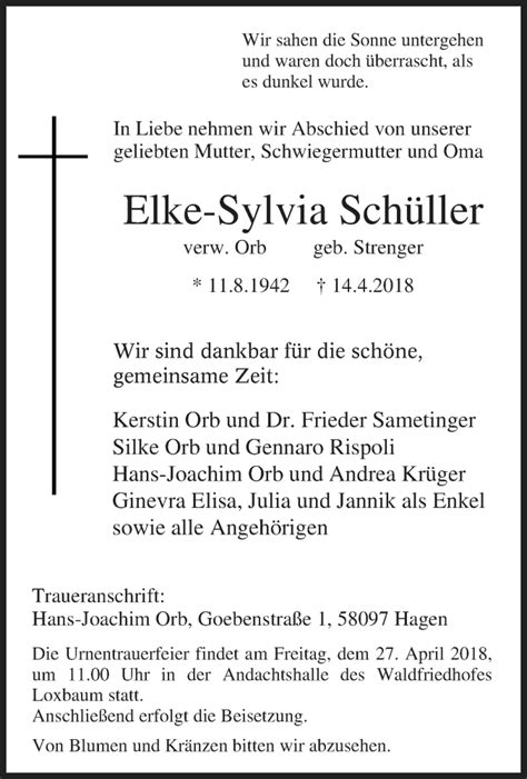 Traueranzeigen Von Elke Sylvia Sch Ller Trauer In Nrw De
