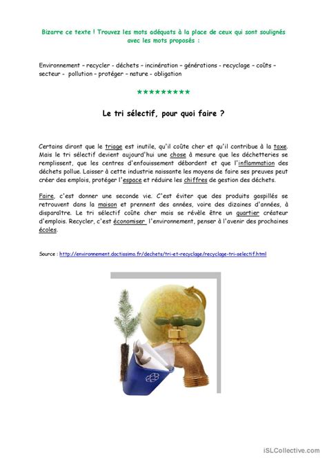 Bizarre ce texte le tri sélectif co Français FLE fiches pedagogiques