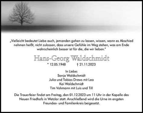 Traueranzeigen Von Hans Georg Waldschmidt Vrm Trauer De