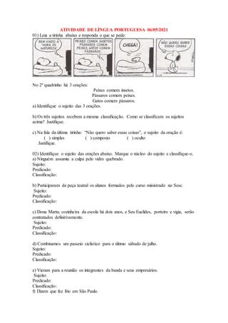 Atividades Sobre Sujeito E Predicado Ideias E Modelos Em PDF