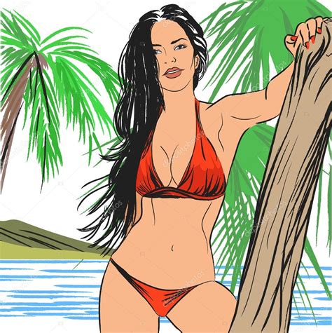 Chica Sexy De Moda Al Estilo Dibujo Sobre Un Fondo De Playa