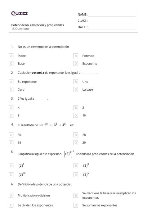 Propiedades De Los Exponentes Hojas De Trabajo Para Grado En