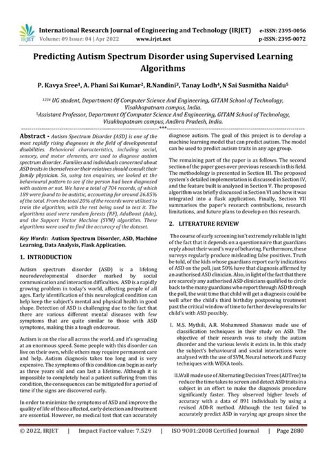 predicting autism spectrum disorder using supervised learning algorithms pdf