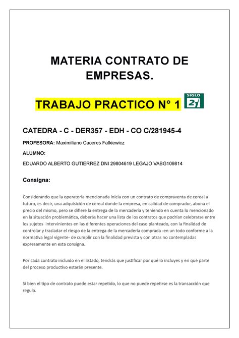 TP 1 Contrato De Empresas APROBADO 100 MATERIA CONTRATO DE EMPRESAS