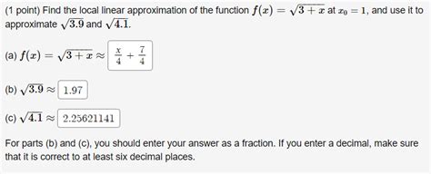 solved 1 point find the local linear approximation of the