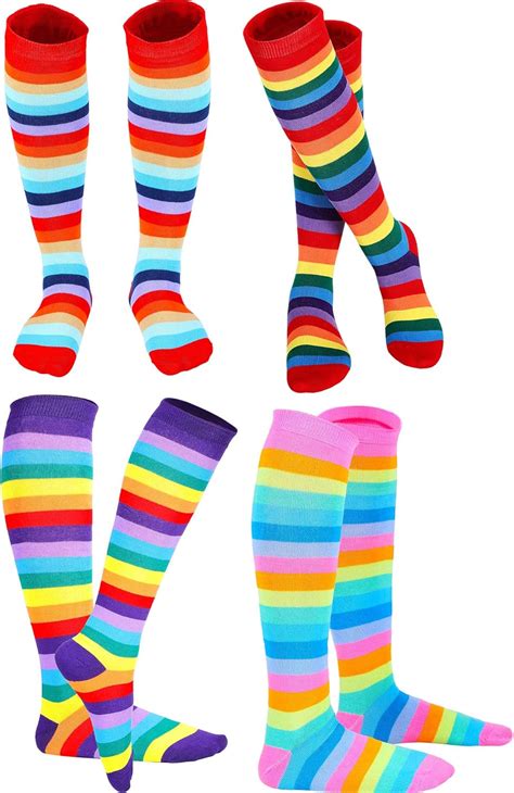 Satinior 4 Pairs Rainbow Knee Socks Women Colorful Striped High Socks Girls Thigh High Stockings