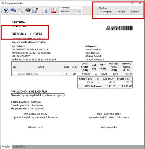 Drukowanie Faktury Z Oznaczeniem Kopia Orygina Duplikat