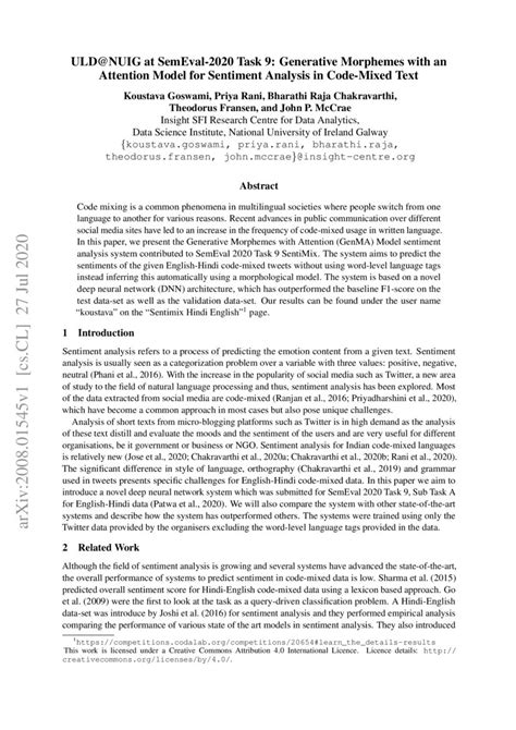 uld nuig at semeval 2020 task 9 generative morphemes with an attention model for sentiment