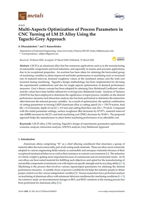pdf multi aspects optimization of process parameters in cnc turning of lm 25 alloy using the